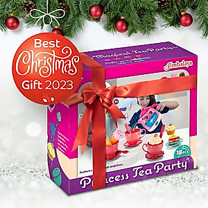 Jimbalaya Tea Party Set for Little Girls, Musical Mozartz Rainbow Colours Teapot with Songs & Sounds Pretend Play Toy Toddler Tea Set for Kids ,Toy Tea Set w/ Cupcake and Ice Cream