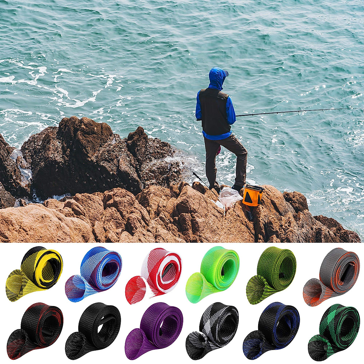 12Pcs Rod Sock Fishing Rod Sleeve, Cover Braided Mesh Rod Protector Pole Gloves Fishing Tools. Flat or Pointed End/Spinning or Casting Rods. for Casting Sea Fishing Rod/Spinning Fishing Rod Kiikooll