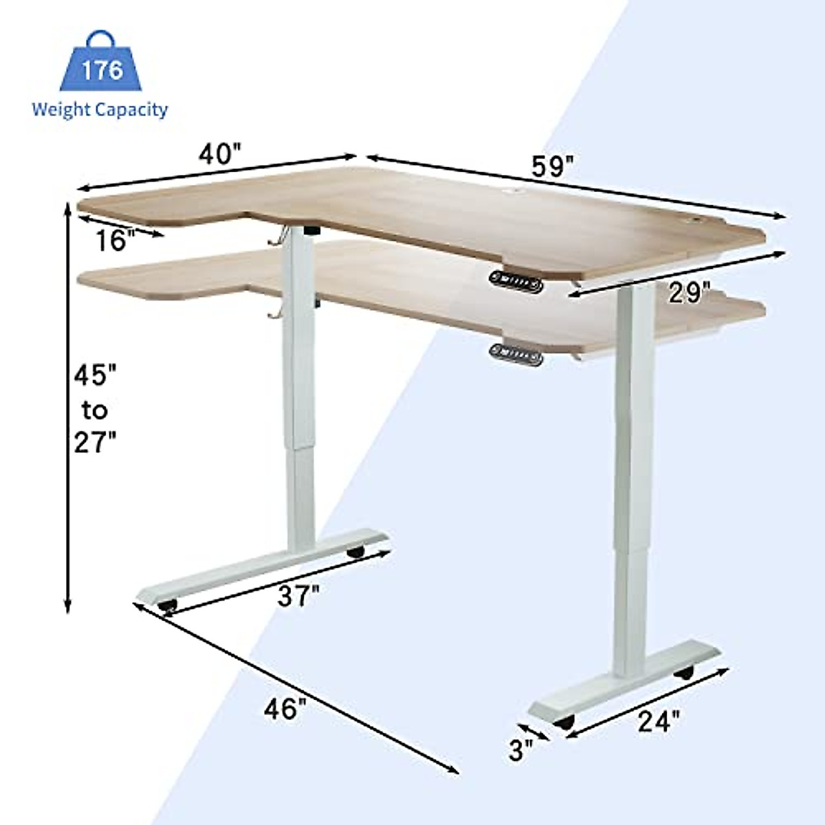 BUNOEM L-Shaped 59" Height Adjustable Electric Standing Desk,Height Stand Up Computer Desk,Sit and Stand Home Office Desk with Splice Board (Oak Top, White Frame)