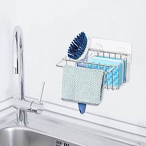 LANIPHIA 3-in-1 Sponge Holder for Kitchen Sink, Stainless Steel Adhesive Sink Caddy, Kitchen Sink Caddy Organizer for Sponge, Brush and Sink Stopper