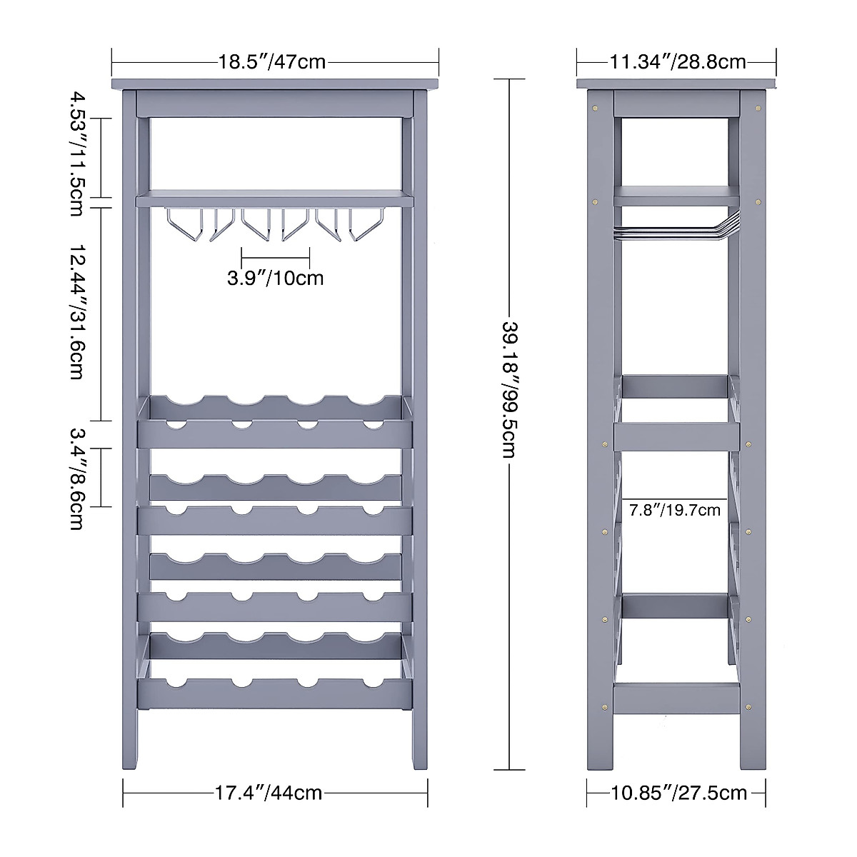 SMIBUY Wine Rack with Glass Holder & Table Top, 16 Bottles Storage, Floor Free Standing Bamboo Display Shelves for Home, Kitchen, Pantry, Cellar, Bar (Grey)