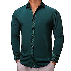 YOHOWA Men's Shirt Solid Color Cotton Silk Long Sleeve Button Down Dress Shirts Business Formal Dark Green