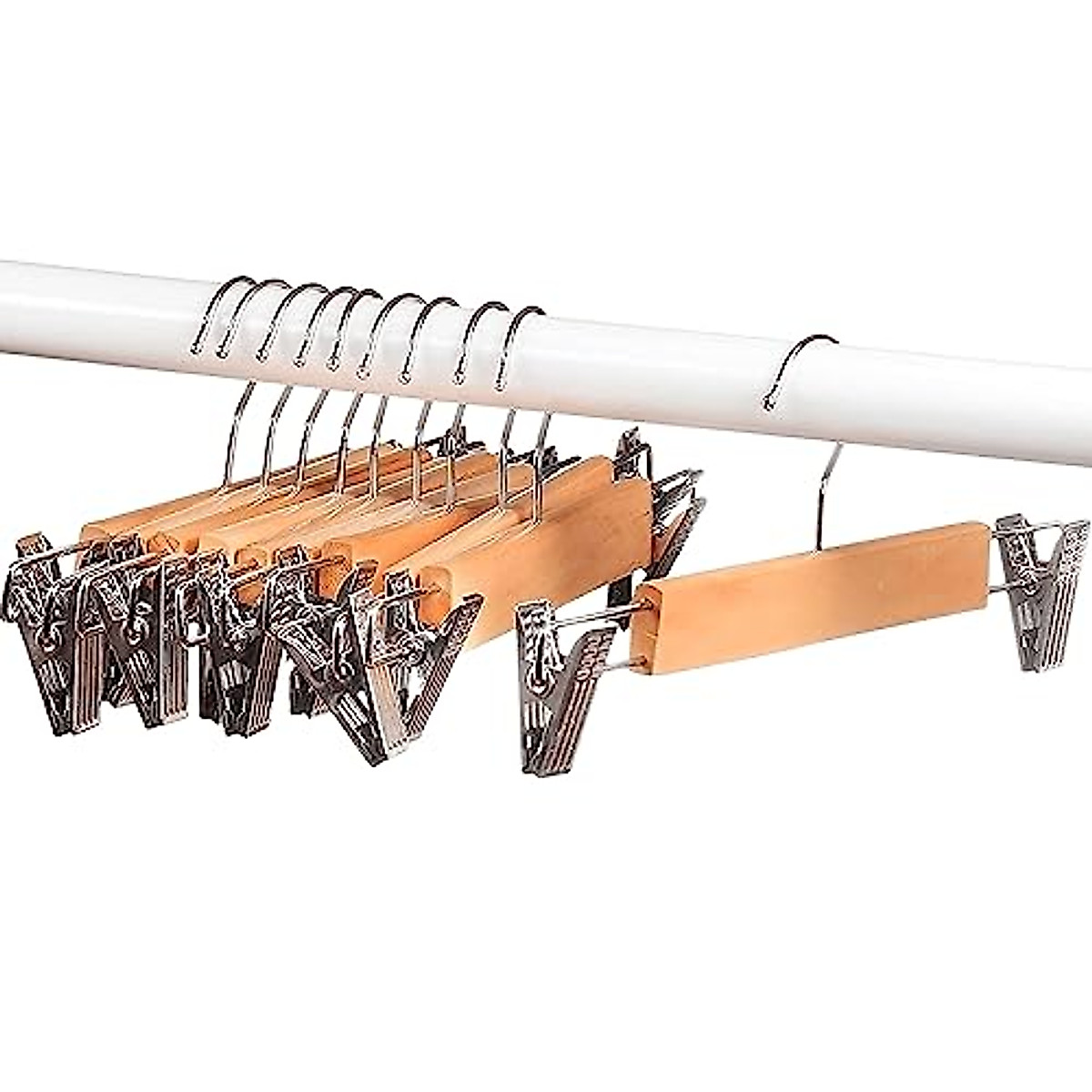 10 PACK Wooden Skirt Hangers with Clips - Smooth Finish Solid Wood Pants Hangers with clips - Natural Wood Color - Clip Hanger for Pant, Skirts, Slacks