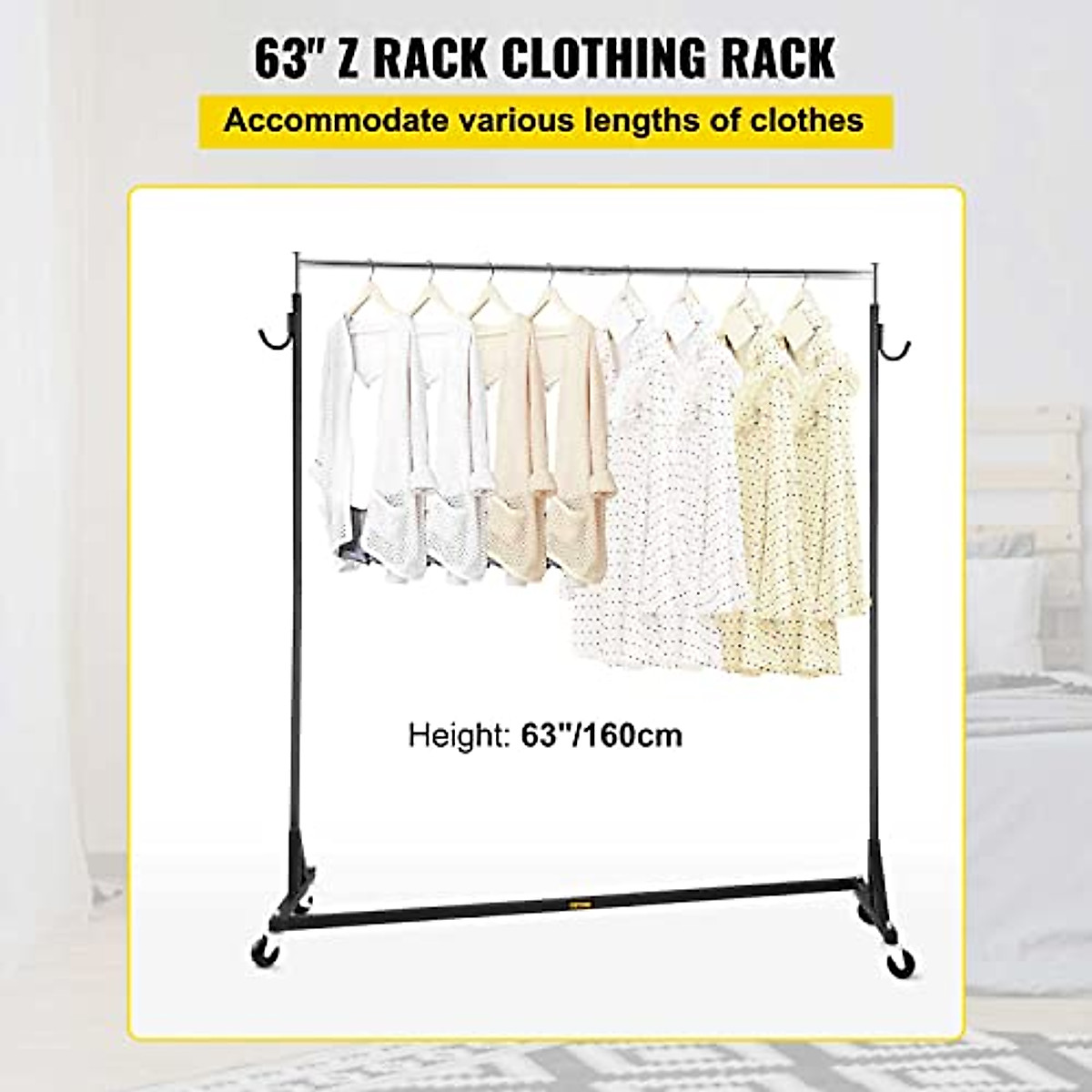 VEVOR Z Rack, 300 lbs Industrial Grade Z Base Garment Rack, 24" x 63" x 63" Height Adjustable Clothes Rack, Sturdy Steel Heavy Duty Clothing Rack w/ Lockable Casters for Home Garment Store Black