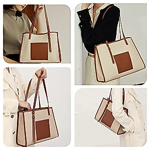 Tote Bag, PU Tote Bag for Women with Zipper Pocket Lightweight Shoulder Bag Handbag for Work, Office, School,Gym,Beach,Travel (Beige)