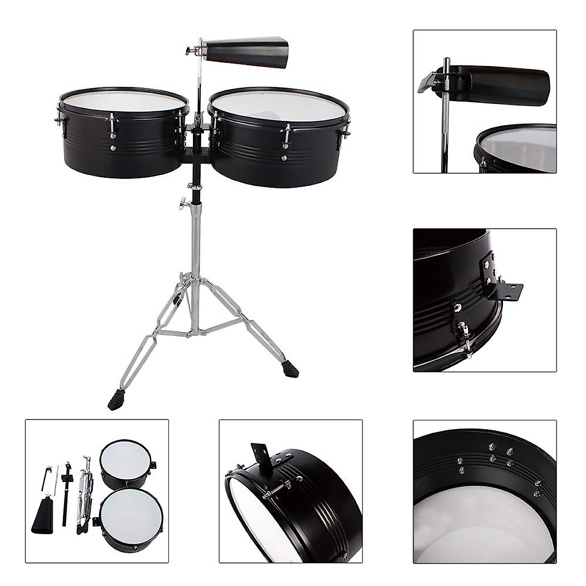 Lykos Percussion 13" & 14" Timbales Drum Set with Stand and Cowbell… (Black)