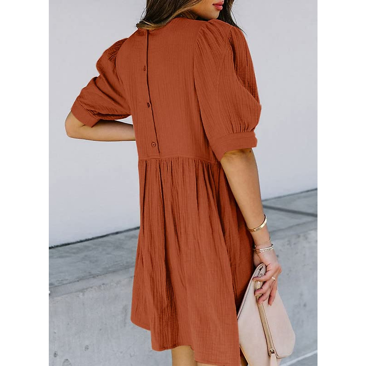 Dokotoo Womens Dress Summer Cute Simple Tunic Dress Crew Neck Lantern Sleeve Work Spring Casual Loose Mini Short Skater Ruched Dress with Pockets Orange Small