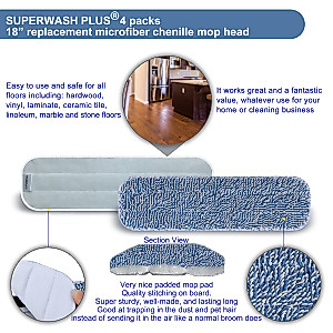 Replacement Microfiber Floor Cleaning Pads - 18''x5'' Dust Mop Refill Sweeping Pad Compatible with Bona Mop, Reusable Dry Mop Head Fits 17” to 18” Flat Mop - 4 Pack