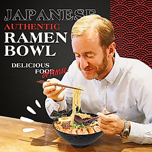 NJCHARMS Japanese Ceramic Ramen Bowls, 42 Oz Noodles Bowls, Premium Large Porcelain Soup Bowl for Kitchen, Set of 2,Black Ramen Bowl