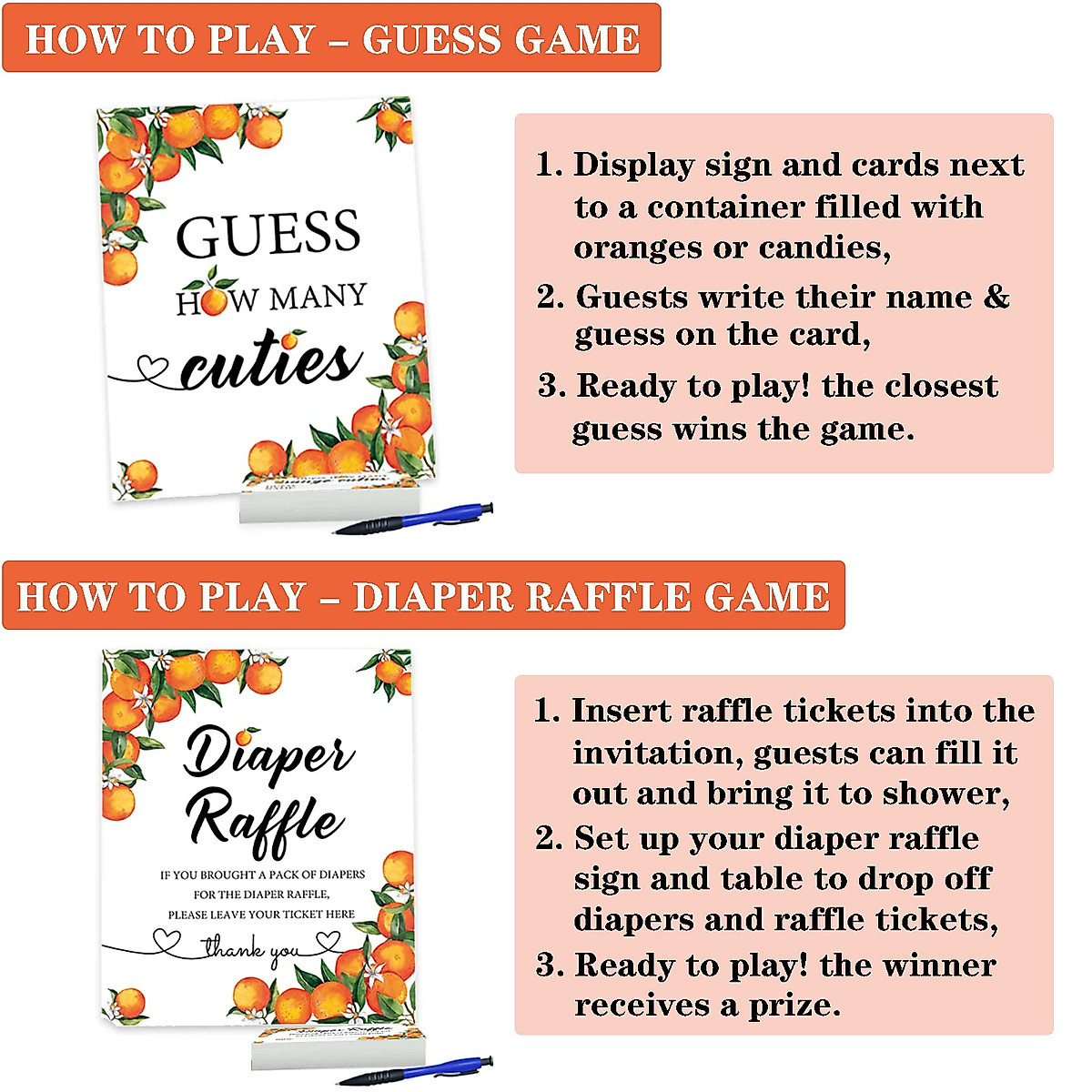50 Little Cutie Orange Diaper Raffle Tickets and 1 Sign Baby Shower Games Orange Theme Guess How Many Cuties Sign with 50 Cards Orange Baby Shower Candy Guessing Game