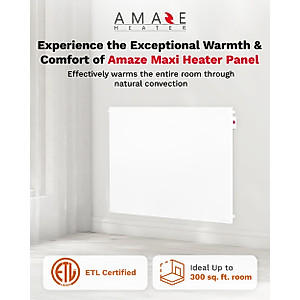 Large Room Indoor Heater - 600W Amaze Maxi Convection Panel Heater w/Wall Mount Kit, Up to 300 sq ft Room - 36”x24” Paintable, Energy Efficient, & Silent Bathroom, RV or Garage Heater - Amaze Heaters