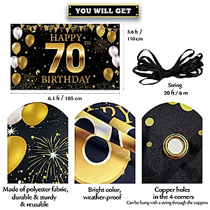 70th Birthday Party Decorations Backdrop Banner, Black Gold Happy 70th Birthday Decorations for Men Women, 70 Years Old Birthday Photo Booth Props, 70 Birthday Sign for Outdoor Indoor, Fabric Vicycaty