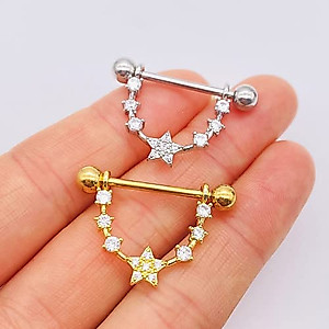 Salwosai 14G Stainless Steel Nipple Rings CZ Chain Star Straight Barbell Bars Body Piercing Jewelry (Gold)