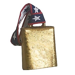 LOUD 4.5" high Cow Bell for Sporting Events, Brass coated MOEN BELL with Stars and Stripes Webbing Cheering Bell