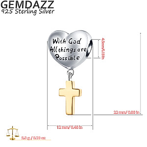 Golden Cross Religious Heart Charms with God All Things Are Possible, 925 Sterling Silver Christian Beads fit Pandora Christmas Bracelet, Gift for Birthday/Easter/Mothers Day/Grandma