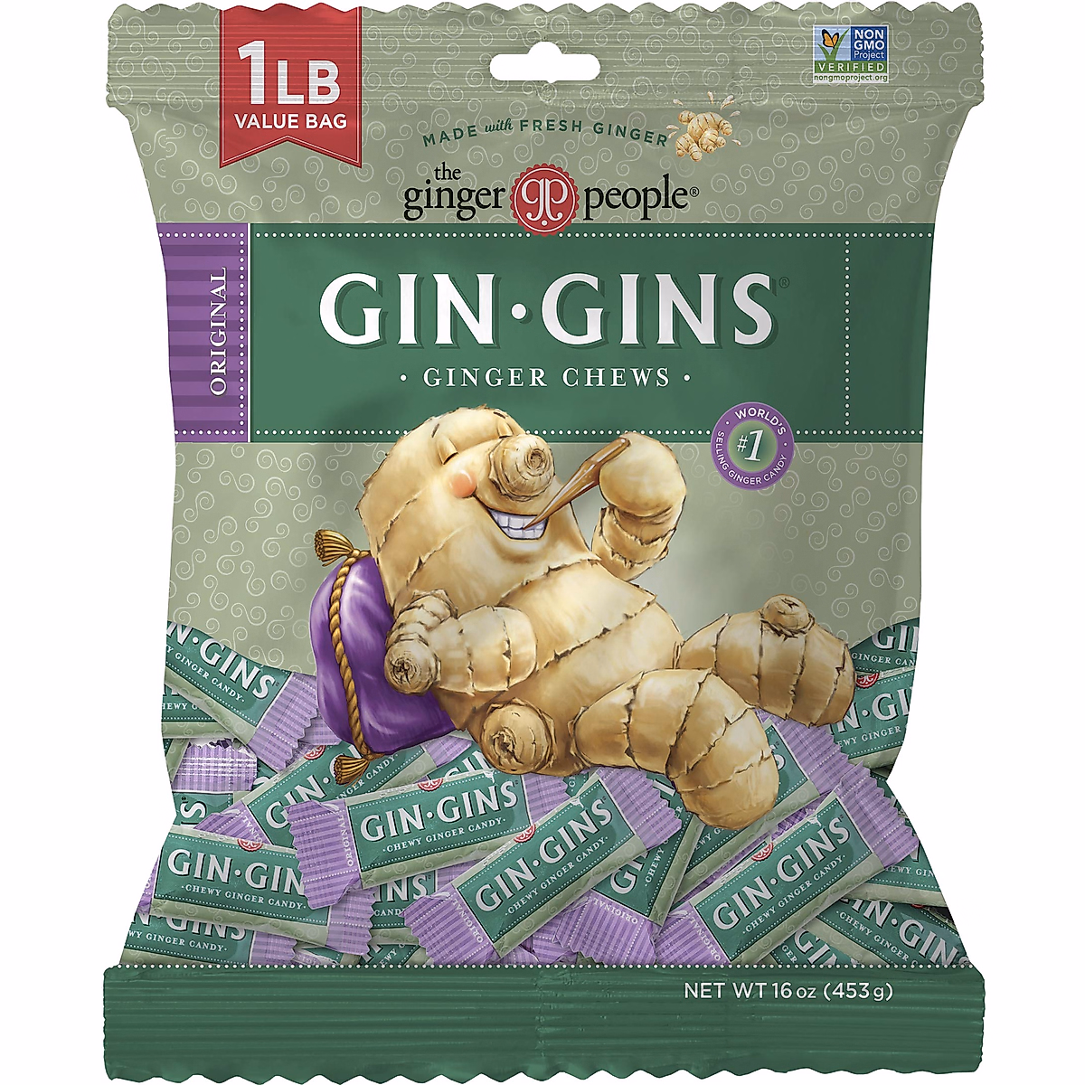 GIN GINS Original Chewy Ginger Candy by The Ginger People® - Anti-Nausea and Digestion Aid, Individually Wrapped Healthy Candy - Original Ginger Flavor, Large 1 lb Bag (16oz) - Pack of 1