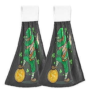 KOCOART Cute Leprechaun Clovers Kitchen Oven Towels St Patricks Day Celebration Hanging Hand Towel with Loop 2 Pieces Super Absorbent Dishcloth Fingertip Tea Bar Dish Towel for Bathroom Tabletop