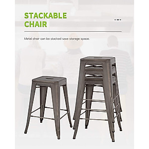 FDW Set of 4 Metal Bar Stools 24 Inches Counter Barstools Indoor/Outdoor Stackable Modern Metal Bar Stools Kitchen Counter Stools Chairs (Gun)