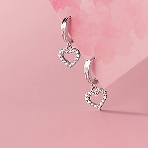 SLUYNZ 925 Sterling Silver Delicate CZ Heart Hoop Earrings for Women Sweet Love Heart Drop Earrings (A-Silver)