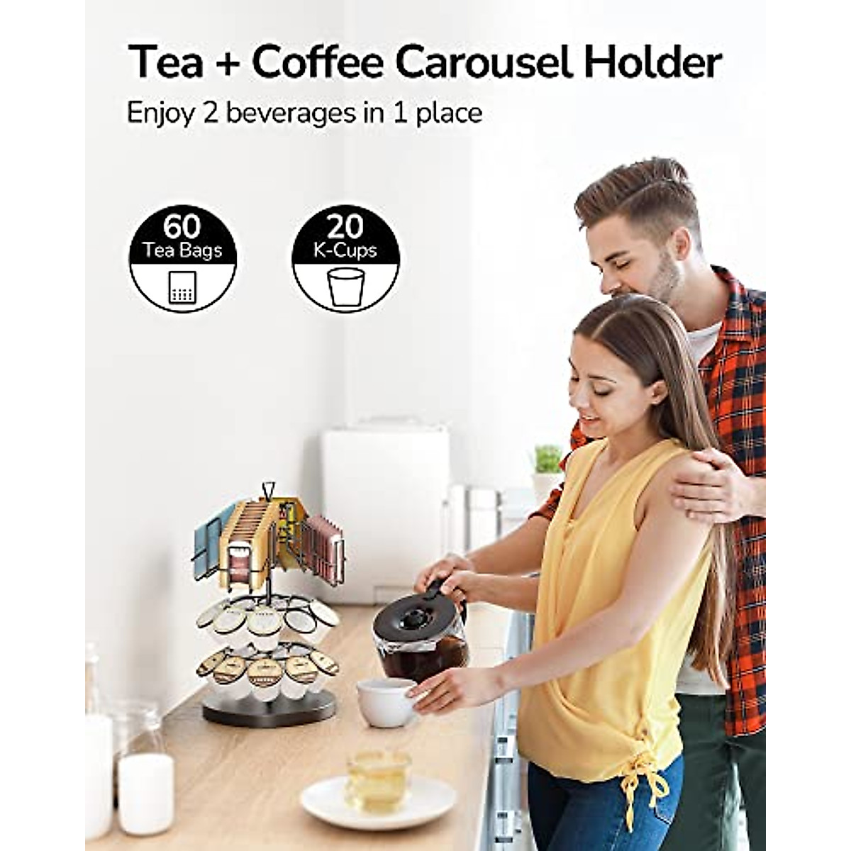 ULG Coffee Pod & Tea Bag Organizer Carousel Stand, K Cup Holder, Organizes 20 K-cups for Keurig and 60 Tea Bags - Coffee Bar Accessory for Kitchen Office, Countertop or Coffee Station Storage, Black
