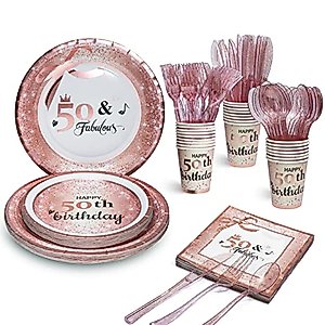 HOMIX 50 and Fabulous Party Plates Napkins Cups Sets with Plastic Cutlery Sets Serves 24 for Women 50th Birthday Party Supplies and Decorations