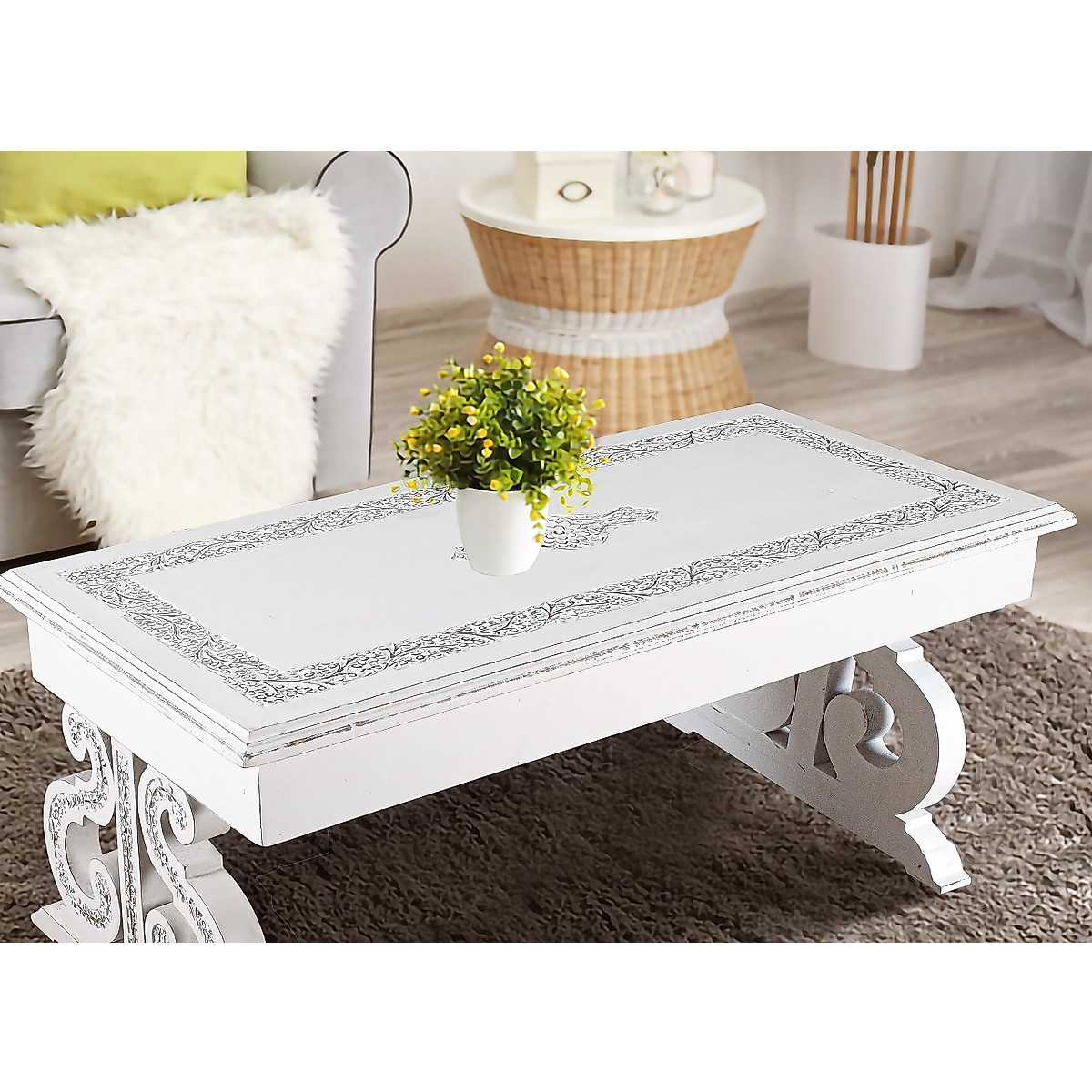 White Coffee Table,Wood Coffee Tables for Living room,Living room Centre Table,Wooden Coffee Table -Mango wood,Rectangular Wooden coffee Table,Tea Table,Wood Accent Table- 40x18 Inch Antique White