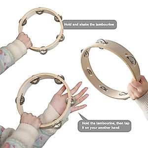 MUSICUBE Tambourine for Adults Kids 3 Packs Wood Tambourine Hand Held Metal Jingles Percussion musical instruments for Church Education Party Supply (6-Inch, 8-Inch, 10-Inch)