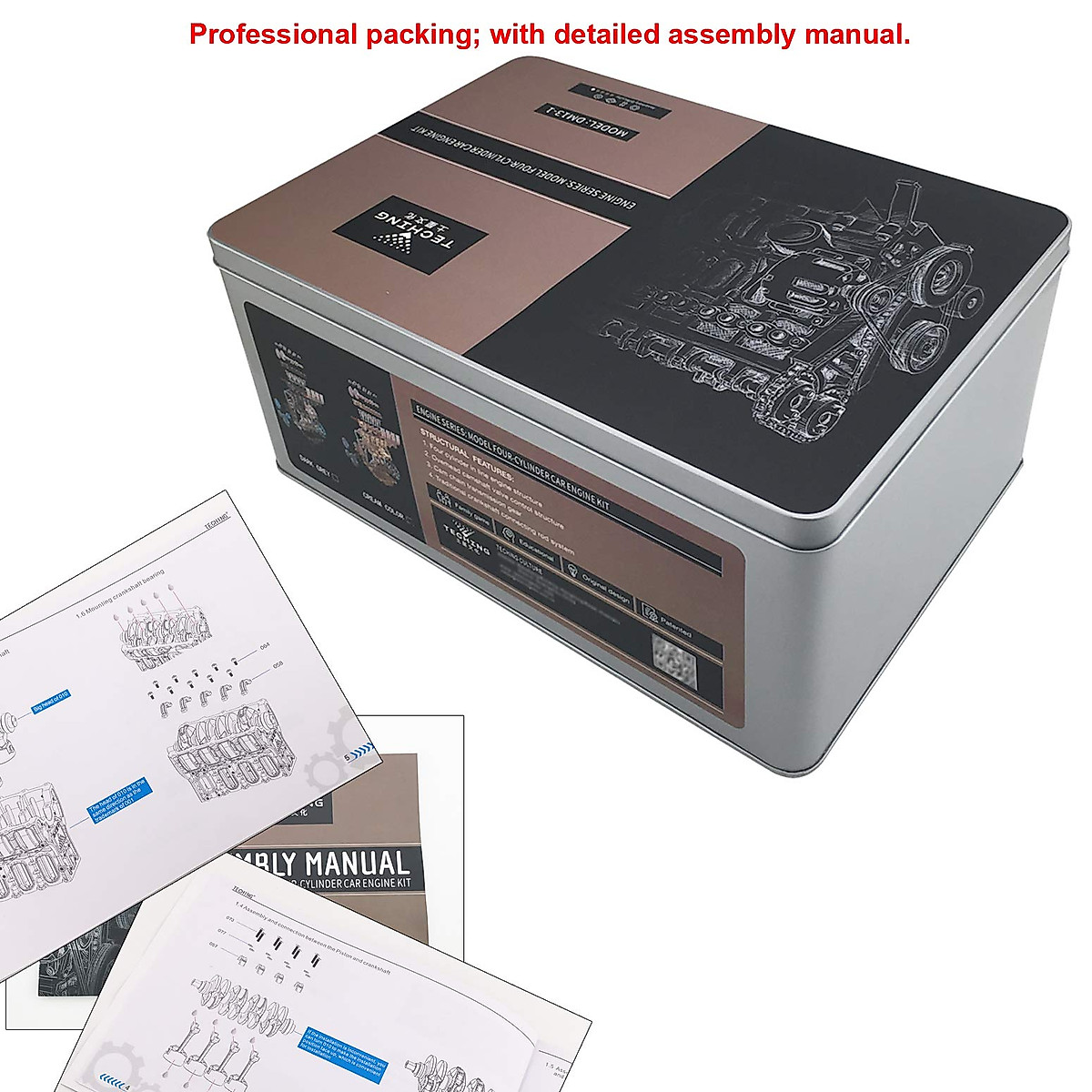 DjuiinoStar Vehicle Engine Model Assembly Kit (300+ Pieces Components, 5 Hours Assembly Time), Four-Stroke Straight-Four Gas Engine Working Model, 4 Cylinder Engine Kit DM13-1