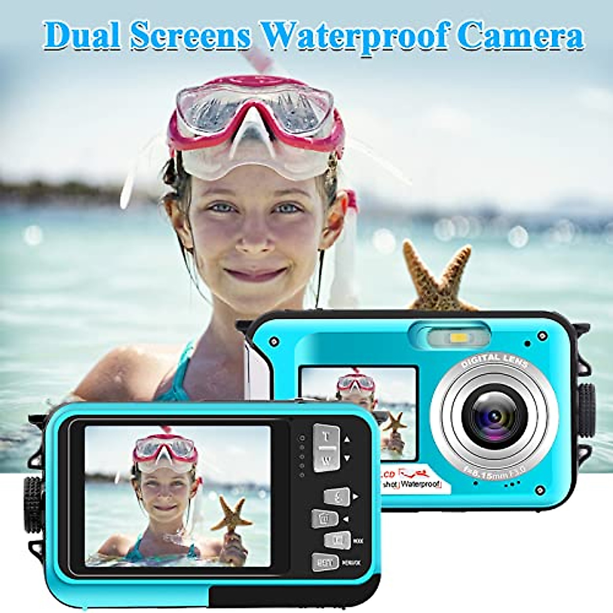 Waterproof Camera Compact Underwater Cameras 48MP 2.7K Full HD Video Recorder 10FT Selfie Dual Screens Waterproof Digital Camera for Snorkeling