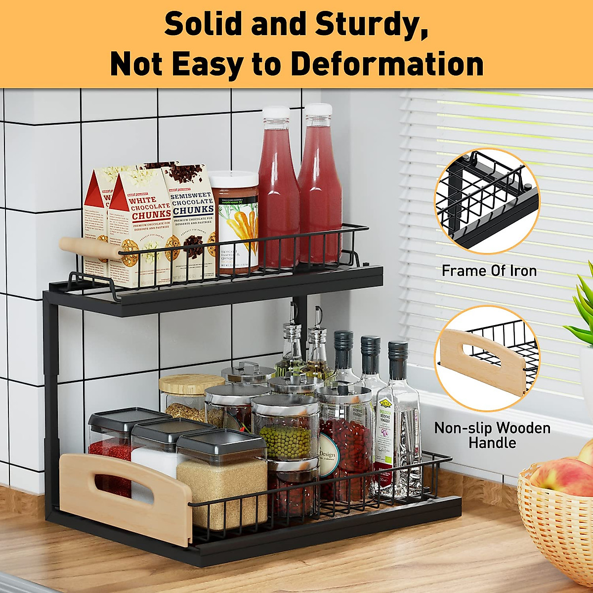 G-TING Under Sink Organizer 2 Tier, L Shaped Sliding Cabinet Basket Organizer, Slide Out Under Cabinet Storage, Multi-Purpose Pull Out Cabinet Organizer for Bathroom, Kitchen, Black