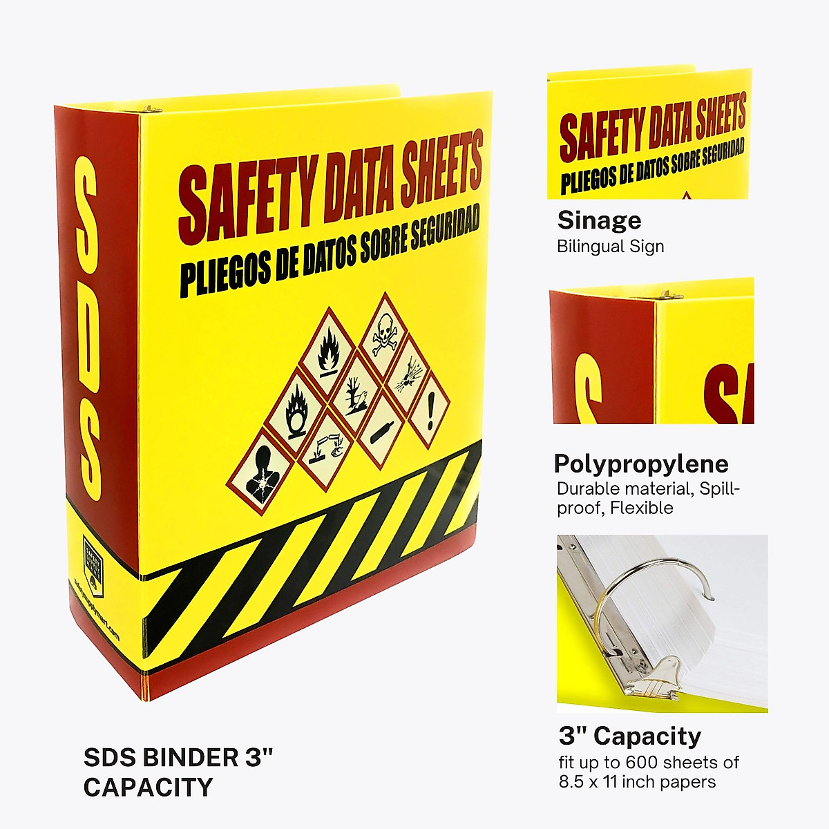 SDS Binder, Heavy Duty 3 Ring Binder 3 Inch, English Spanish Bilingual, 600 Safety Data Sheets Capacity