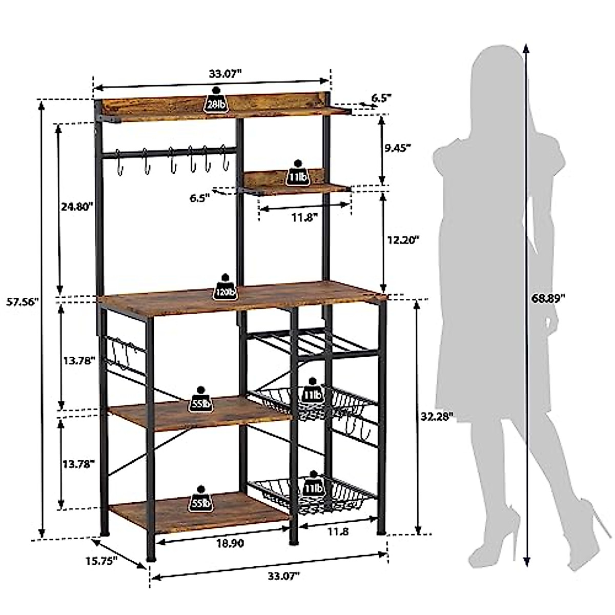 Kitchen Baker’s Rack with 2 Pull Out Wire Baskets, Microwave Stand with Storage Shelf & Wine Rack, 5-Tier Utility Coffee Bar Station with 10 Hooks for Spice Rack Organizer Workstation, Rustic Brown