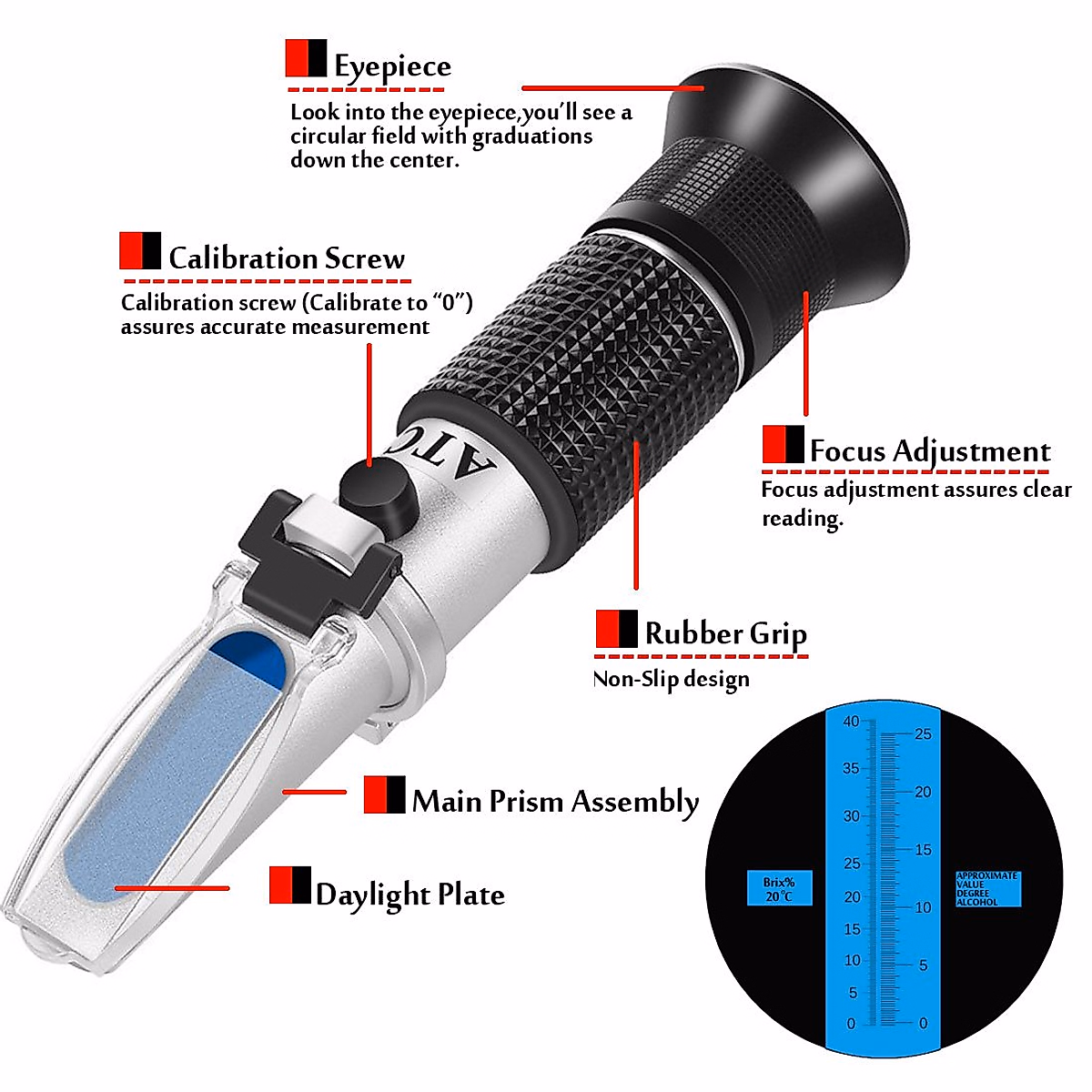 Wine Refractometer,V-Resourcing Hand Held Brix/Alcohol Refractometer with ATC for Wine Making Homebrew Kit, Dual Scale(Brix 0-40%, Alcohol 0-25%)