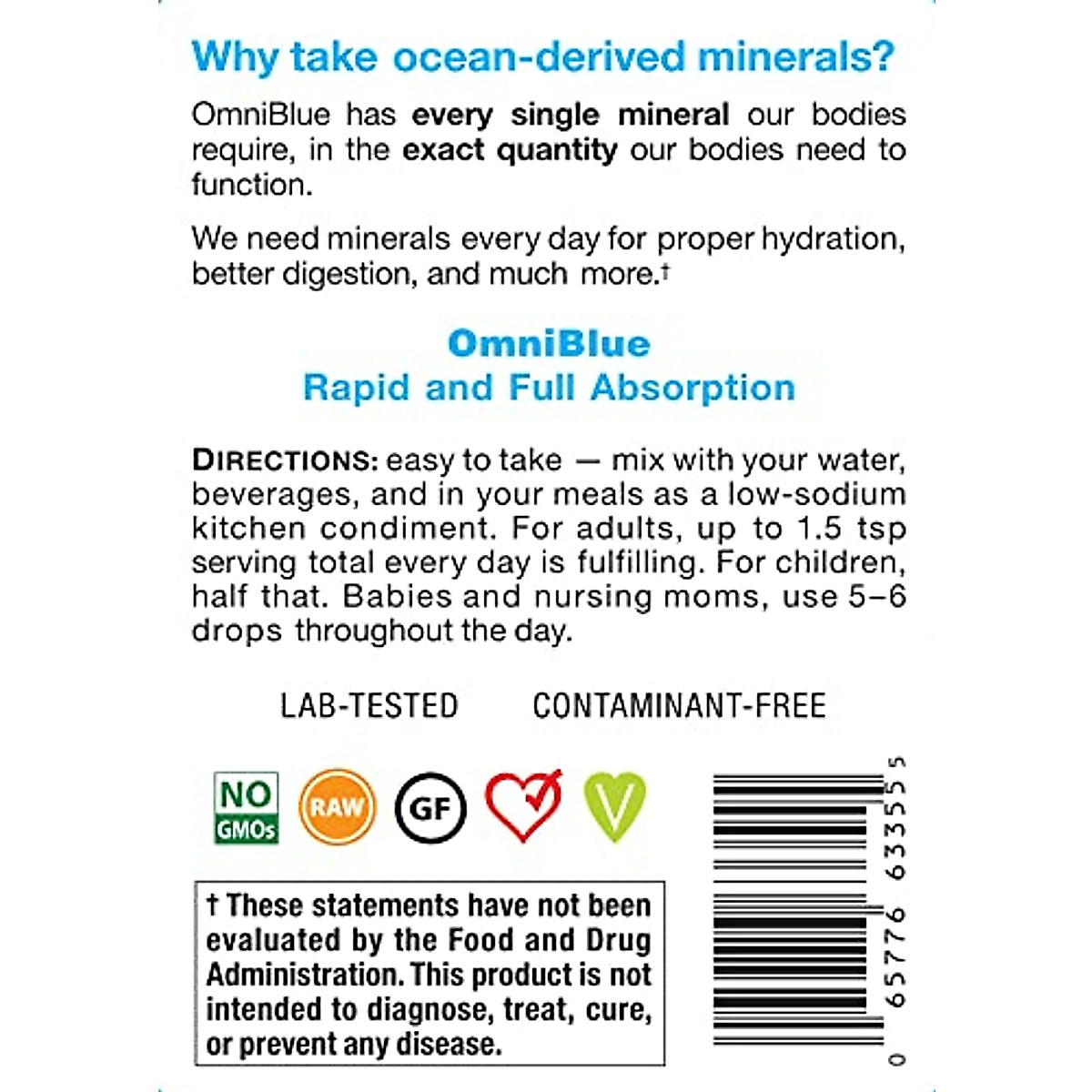 OmniBlue Ocean Minerals | 100% Natural Solar-Harvested Ocean Electrolytes | All Required Macro and Trace Minerals | Not Lab-Made | No Additives … (8 oz.)