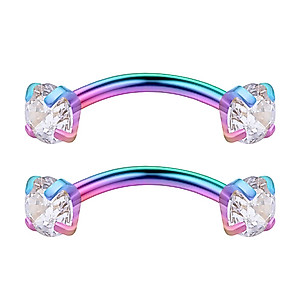 Ruifan 3PRS 16G 3/8" (10MM) Stainless Steel 3mm CZ/Gems/Ball Curved Barbell Eyebrow Tragus Lip Belly Ring Piercing Jewelry - Rainbow
