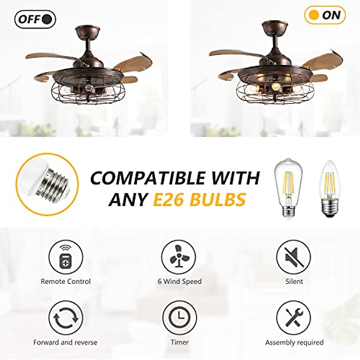 36" Industrial Reverse Ceiling Fan with Lights, Siljoy Vintage Rusty Cage Chandelier Fan Retractable Blades Fandelier with Remote Control for Farmhouse Dining Room Bedroom, 5 E26 Bulbs Not Included