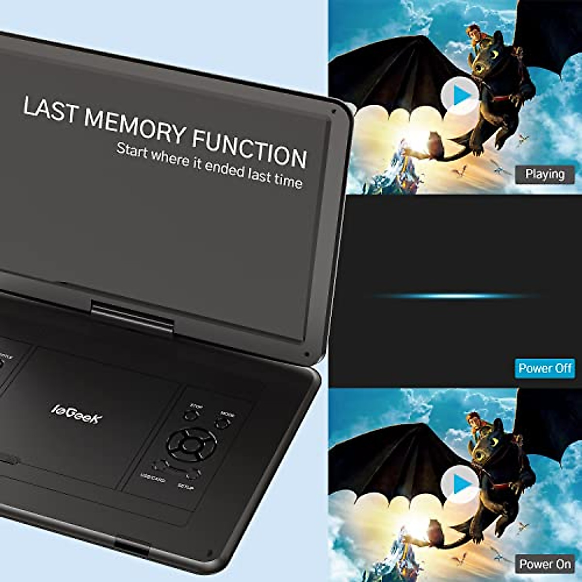 ieGeek 17.5" Portable DVD Player with 15.6" Swivel HD Large Screen, 6 Hrs 5000mAH Rechargeable Battery, High Volume Speaker, Support USB/SD Card/Sync TV, Car Charger, Remote Control, Region-Free