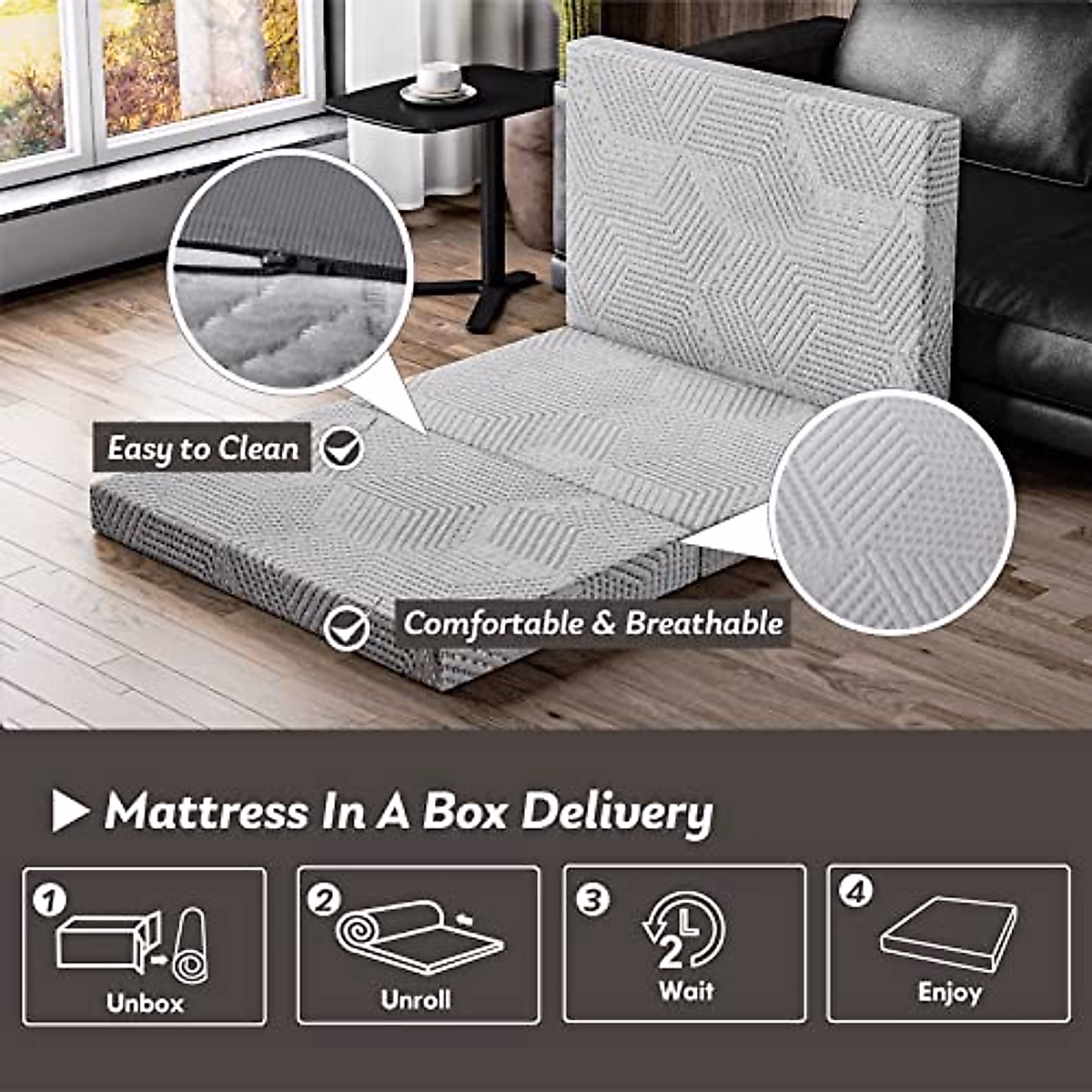 Tri-Fold Memory Foam Mattress, 4 inch Twin Folding Mattress with Collapsible and Washable Cover, Travel and Guest Mat, 75"×38"×4", Grey