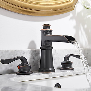 Homevacious Widespread Bathroom Faucet Oil Rubbed Bronze Waterfall 2-Handle with Pop up Drain Assembly Farmhouse 3 Holes 8-16 Inch Sink Rustic Mixer Tap Overflow Commercial Supply Lead-Free