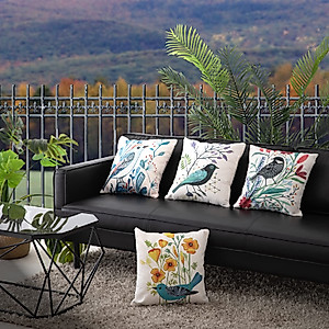 HOSTECCO Waterproof Throw Pillow Covers 4 Pack Outdoor Farmhouse Linen Cushion Covers Square Decorative Pillow Cases for Patio Garden, Bird 16x16 inches