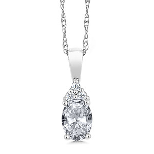 Gem Stone King 10K White Gold Oval Gemstone Birthstone and White Diamond Necklace | Oval 6X4MM | Gold Pendant Necklace for Women | with 18 Inch Chain