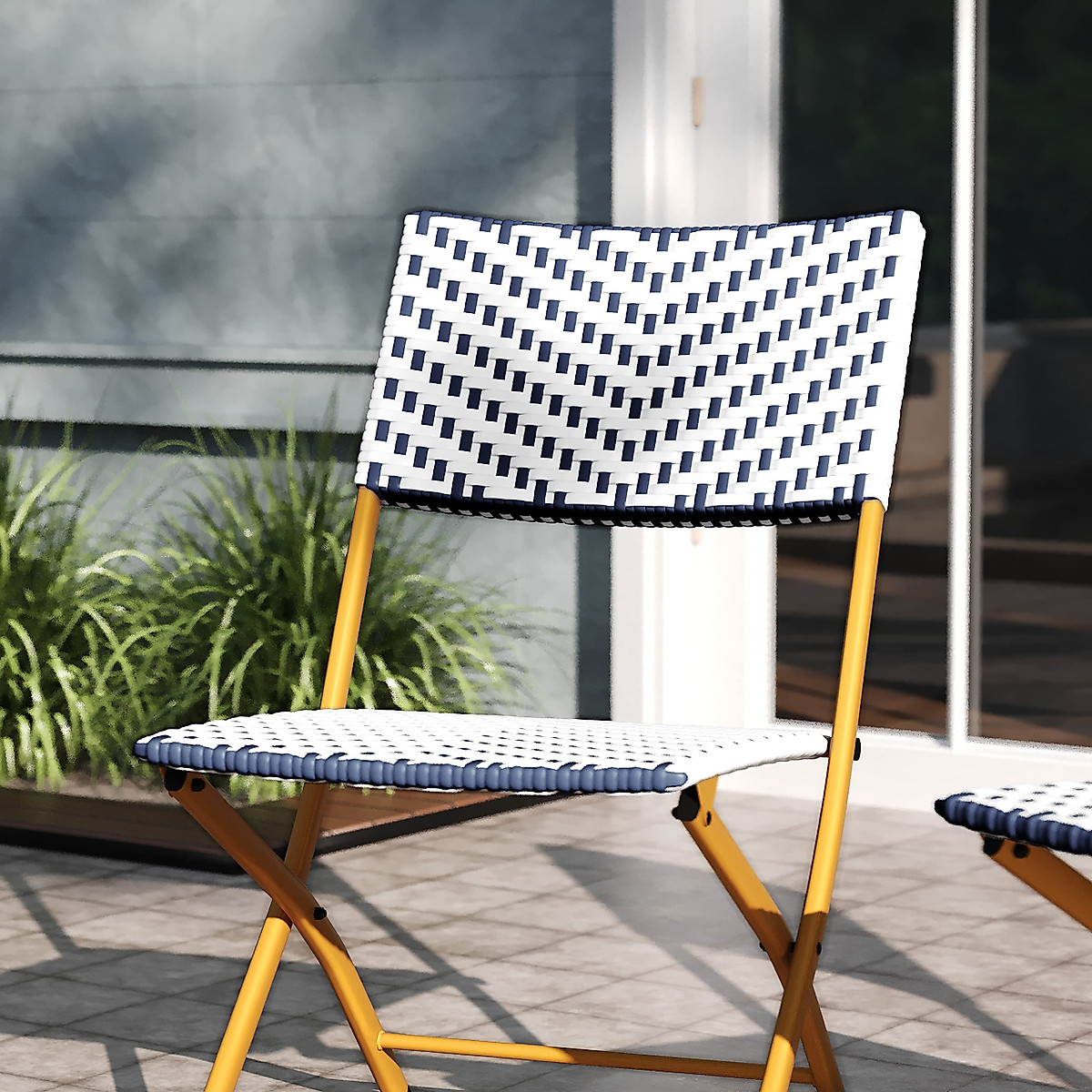 EMMA + OLIVER Ciel Two Piece Folding Bistro Chairs - Navy and White PE Rattan - Natural Finish Metal Frames - Indoor/Outdoor Use