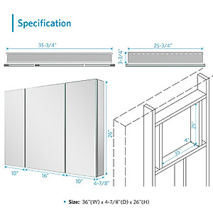 Quavikey Aluminum Medicine Cabinet with 3 Doors Recessed or Surface Mount Large Bathroom Mirror Cabinets 36x26 Inch, Silver