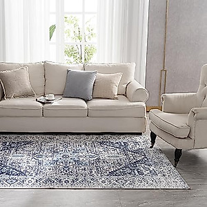 Syalife Washable Rug Vintage Area Rugs, 5'x 7' Living Room Rug with Non Slip Backing, Ultra-Thin Medallion Distressed Non-Shedding Blue Rug, Vintage Floor Mat Indoor Rug (FG12-Blue, 5'x 7')