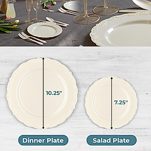 Posh Setting Disposable Plastic Plates Set - Heavy Duty Vintage Plastic Plates - Ivory Vintage Disposable Dinnerware Sets with 30 Appetizer Plates & 30 Plastic Dinner Plates for Wedding (60 Pack)