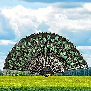 RAZZUM 2 Pcs Handmade Sequins Peacock Dancing Fans Foldable Fan Sequin Fan Hand Fans for Women Peacock Fan Folding Fan Spanish Hand Fan Flower Folding Fan Summer Handheld Fan Silk Fan Fan