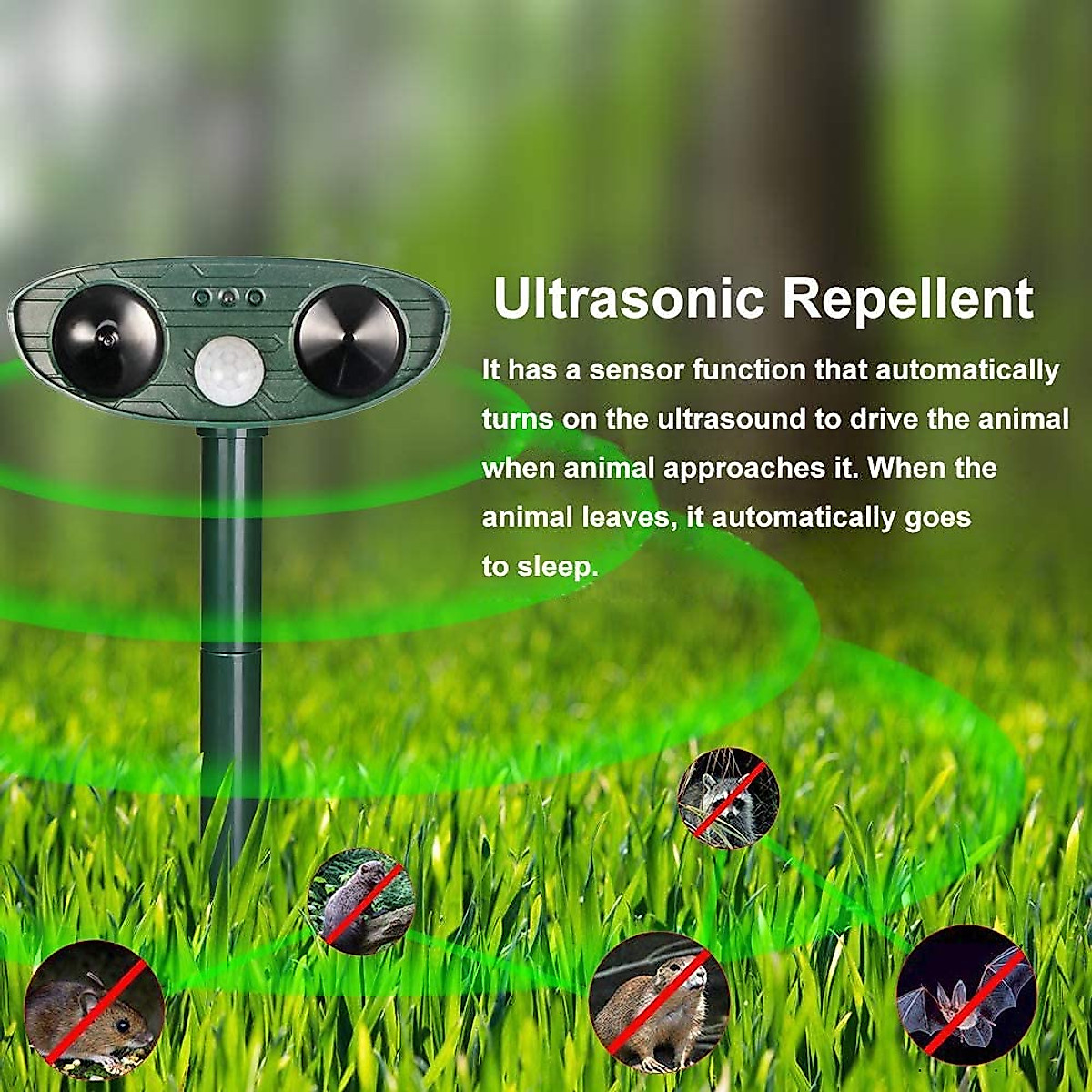 2023 Solar Ultrasonic in Repellent Defender Rat, Squirrel, Deer, Raccoon, Skunk, Rabbit, Mole, Dog, Cat, Waterproof with Motion Detector Green1