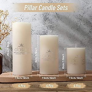 Sumind Set of 12 Poured Pillar Candles 3"x 4", 6", 8" Dripless Unscented Candle Long Clean Burning Rustic Country Style for Wedding, Christmas, Home Decor, Relaxation, All Occasions(Ivory White)