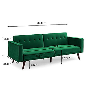 Hbaid 85.43" Velvet Sofa Bed, Green Couch Convertible Sleeper Sofa with Tapered Wood Legs and Armrest, Modern Loveseat Couches for Living Room, Bedroom