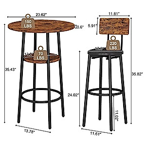 GNIXUU 3-Piece Pub Table and Chairs Set of 2,Round Bistro Bar Table Set, High Top Kitchen Table and 2 Upholstered Stools for Small Space Rustic Brown (23.62 inches)
